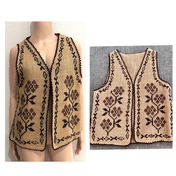 Vintage | Jackets & Coats | Vintage Boho Burlap Sack Crossstitched Vest ...